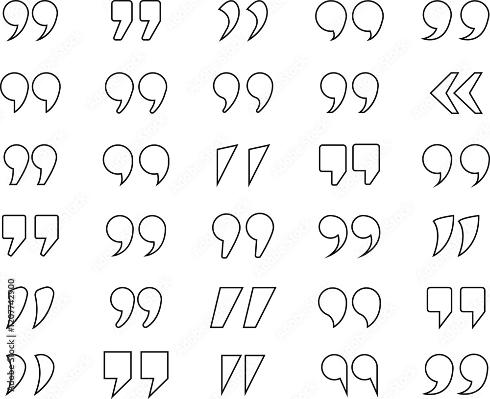 Set of quote mark, quotes black outline icon sign design isolated on ...