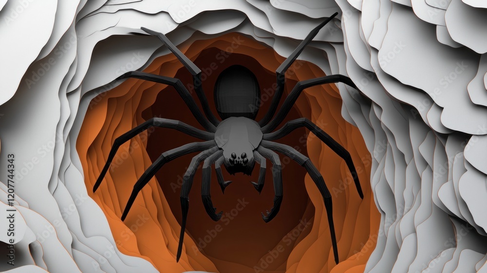 Spider's Lair: A large black spider emerges from a dark cave, rendered ...