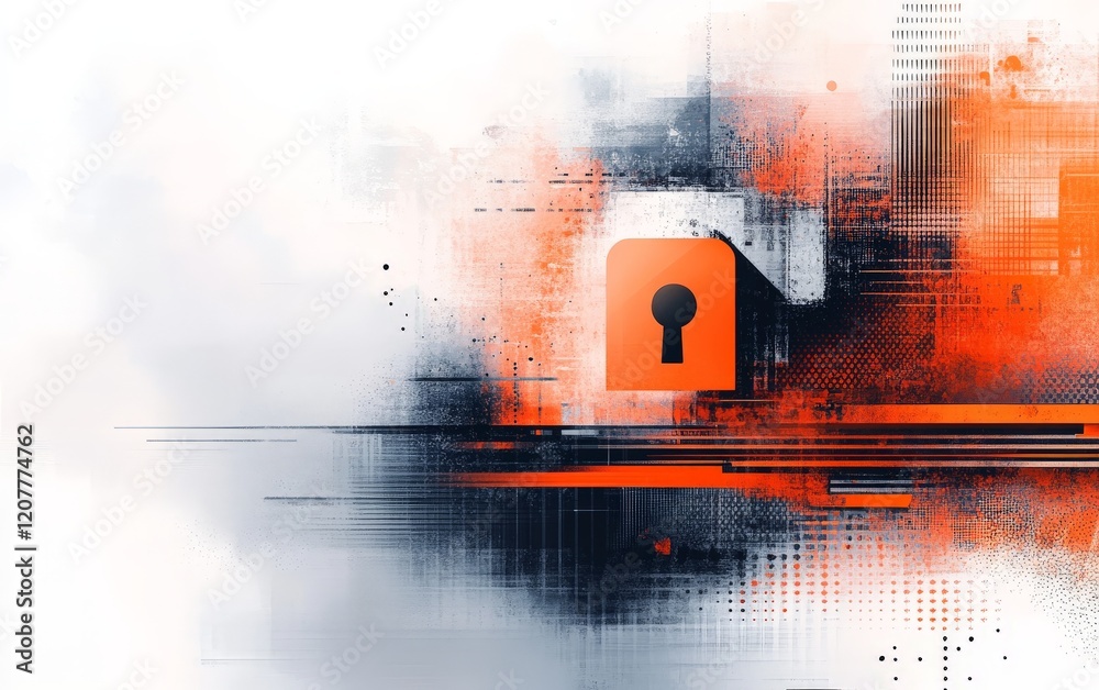 Vibrant digital art lock with pixelated effects and red orange glowing ...