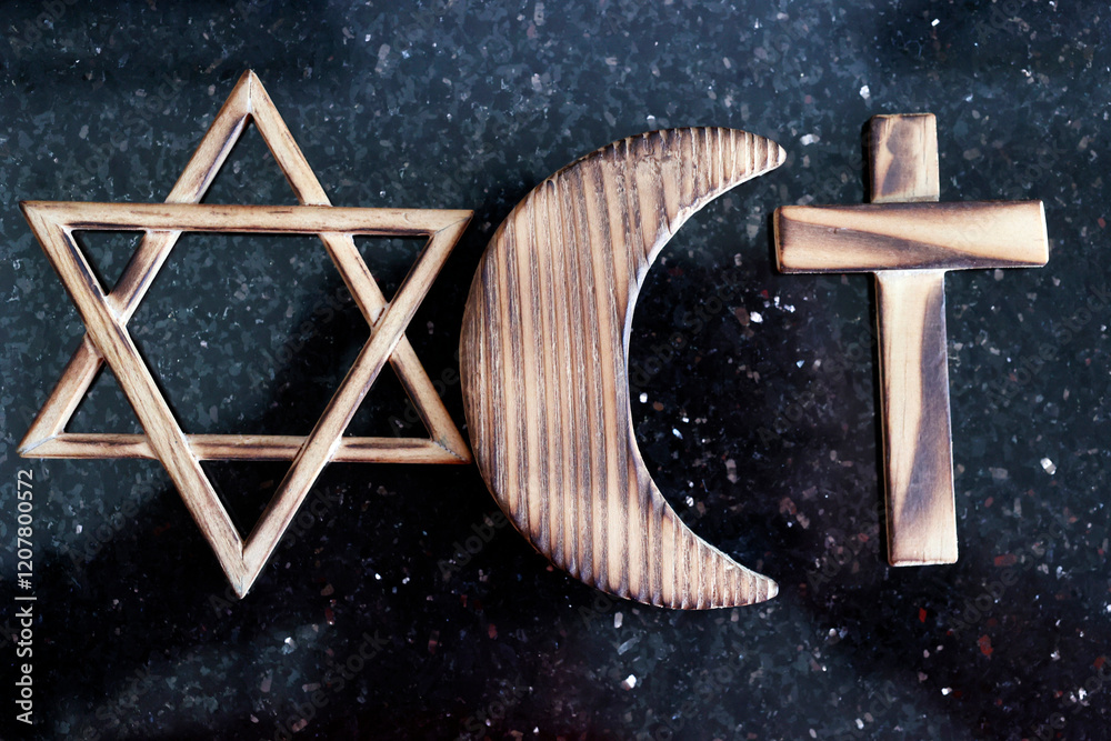 Christianity, Islam and Judaism symbols, three monotheistic religions ...