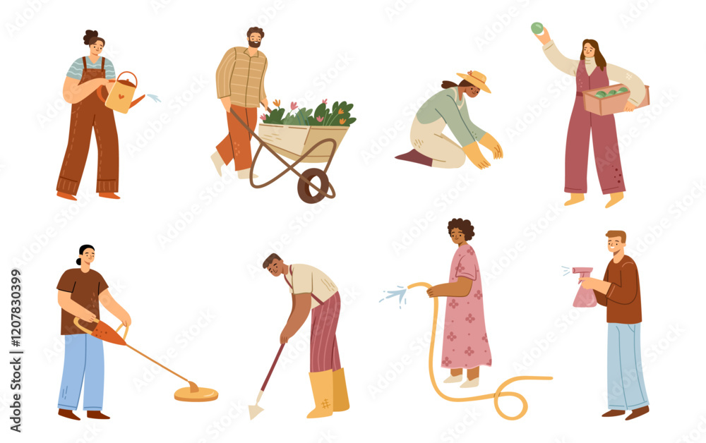 People doing gardening and farming chores and daily activities. Vector ...