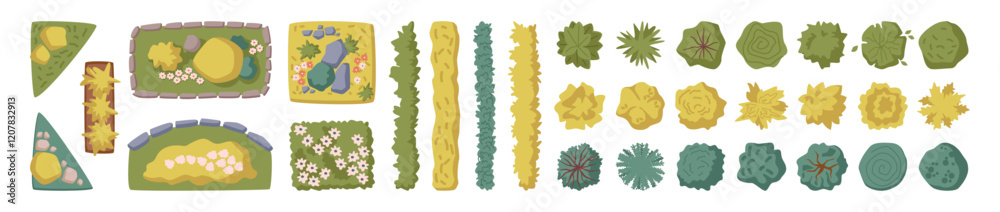 Architectural and landscape elements top view. Vector trees and bushes ...