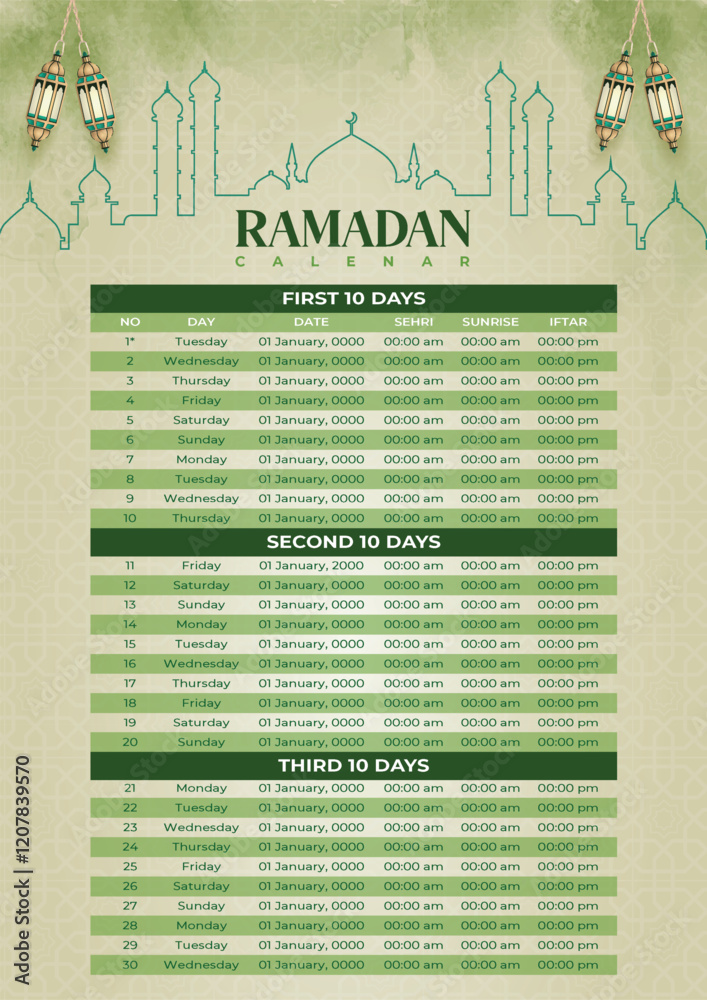 Ramadan Calendar Design Template. Islamic Calendar and Sehri Ifter time ...