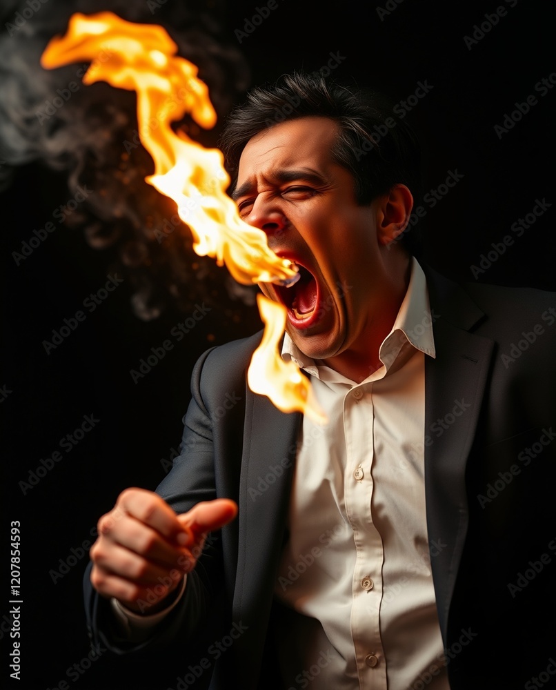 Intense Performance of a Fire Breather in Formal Attire with Fiery ...