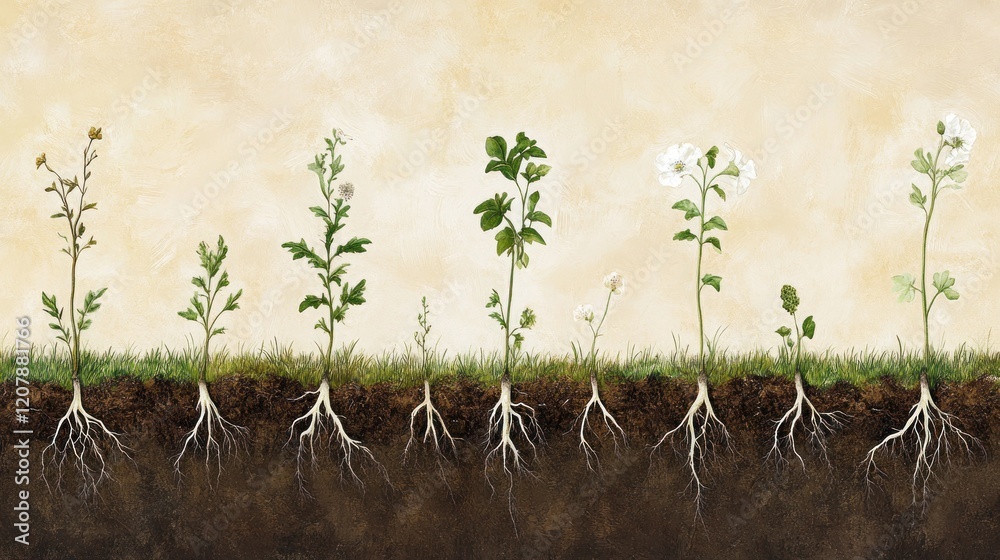 Flower growth stages, roots, soil, background, education Stock ...