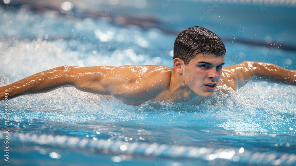 Dynamic image of young man, swimmer in motion, swimming freestyle stroke in pool, training ...