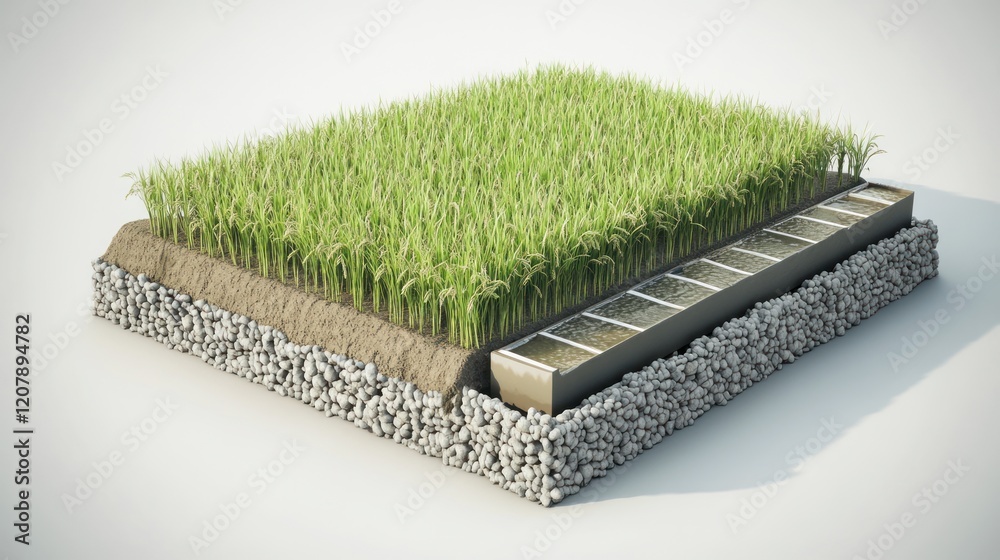 Rice paddy irrigation system cross-section, growth stages, studio Stock ...