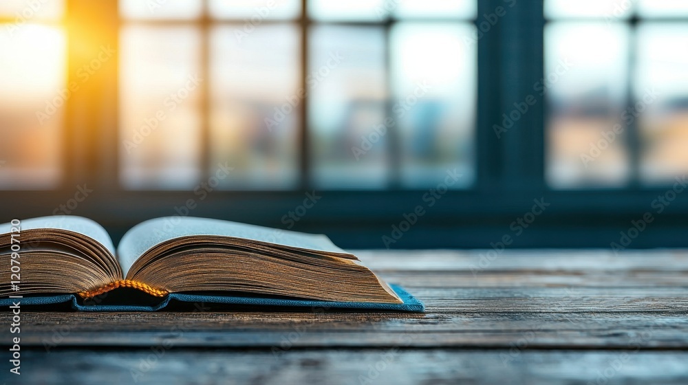 Exploring literature open book on a rustic table by the window high ...