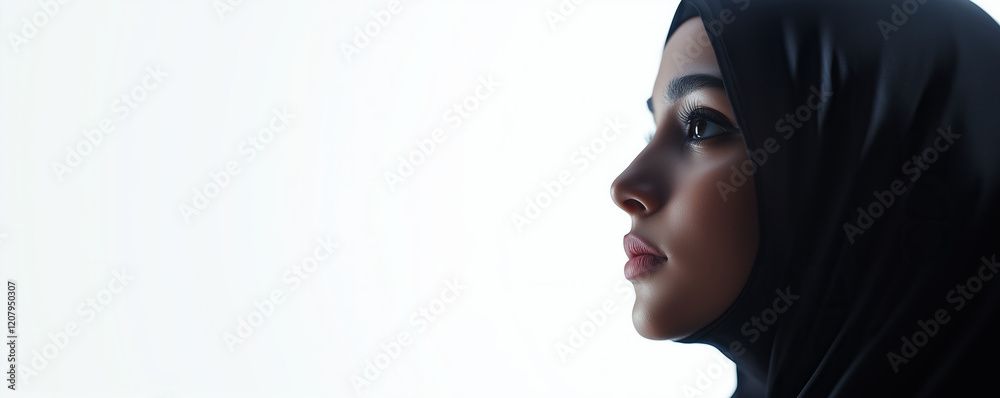 Beautiful elegant Muslim portrait close up woman wearing black hijab ...