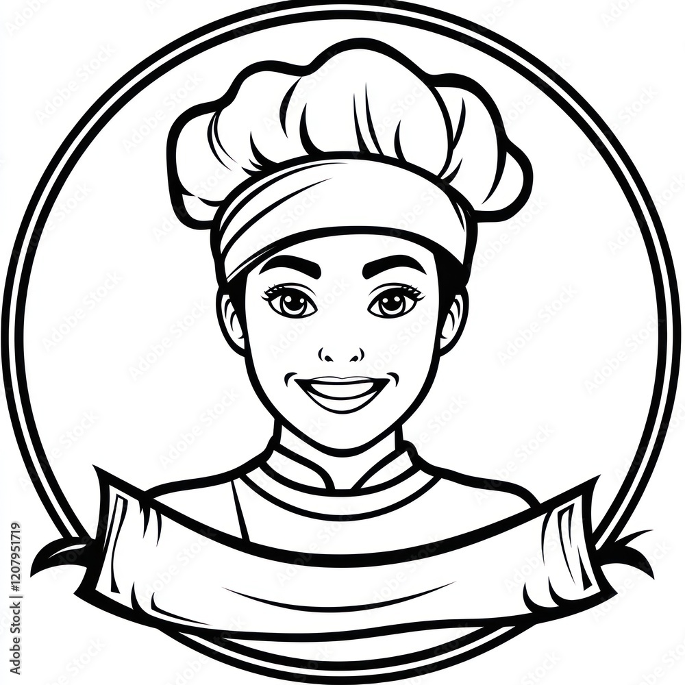 Drawing of a female cook, with banner, head and shoulder shot, for ...