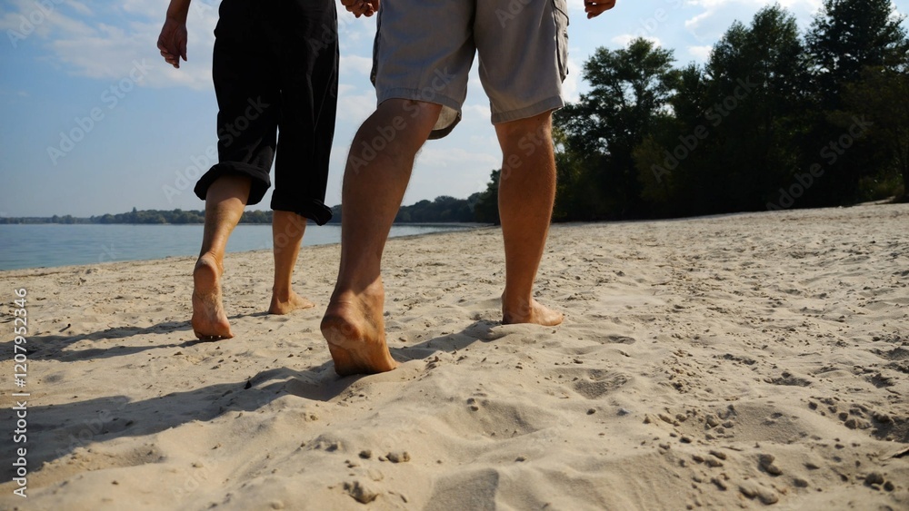 Bare feet of couple stepping together along beach at ocean background ...
