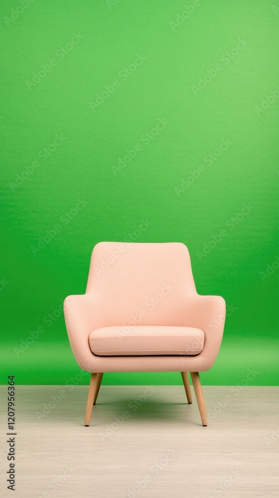 Modern Interview Setup With Beige Armchair Against Vibrant Green Screen ...