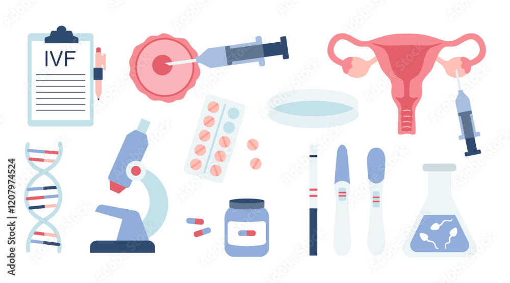 In vitro fertilization IVF set elements in cartoon flat style. Medical ...
