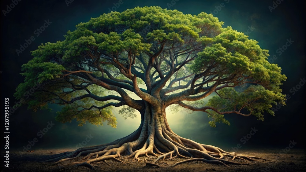 Ancient tree with gnarled branches and roots stretching into darkness ...