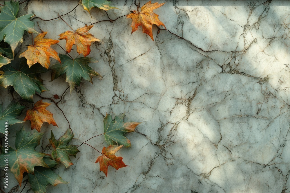 Autumn leaves clinging to a weathered, marble wall, showcasing the ...