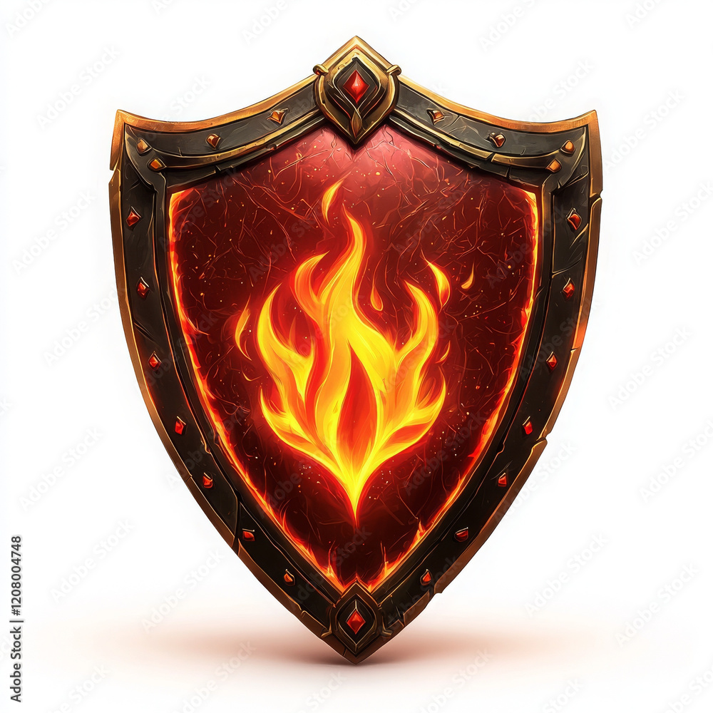 Fiery shield design with glowing flame symbol, perfect for game assets ...