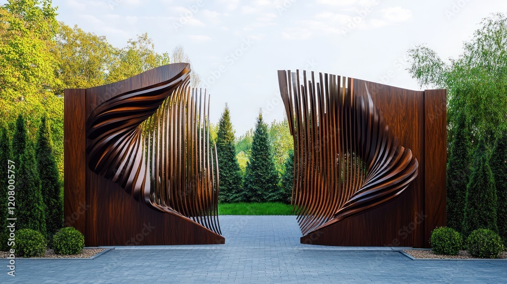 Sculptural parametric gate design with twisting wooden elements ...