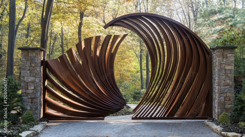 Sculptural parametric gate design with twisting wooden elements ...