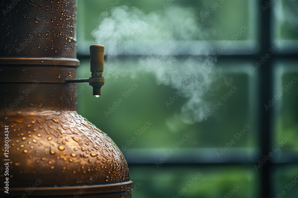 Steam rising from a copper alembic still, condensation on its surface ...