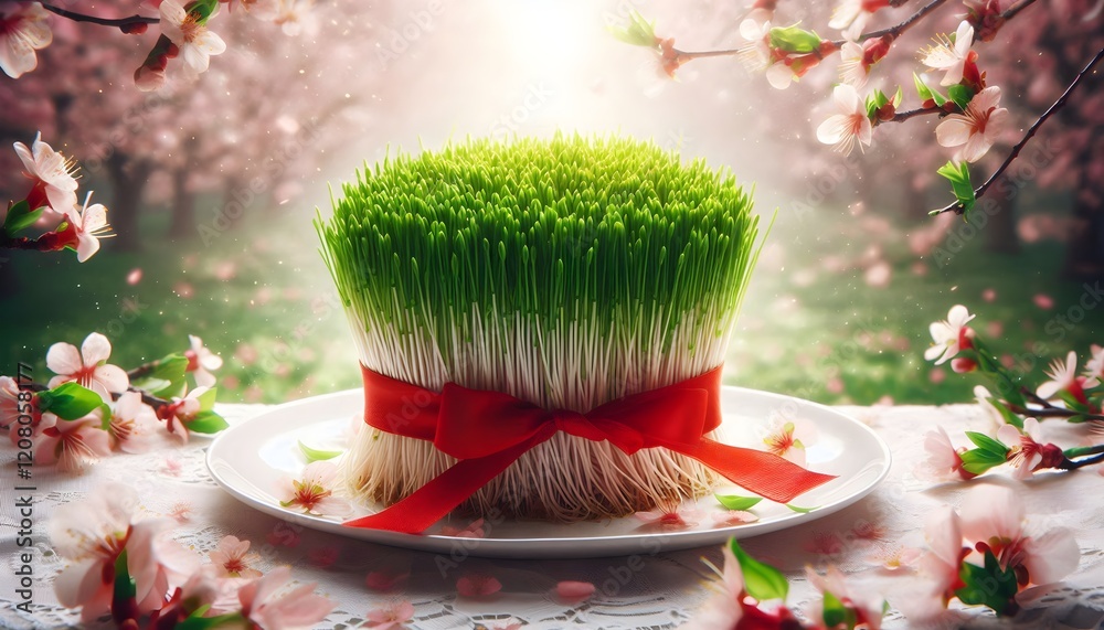 nowruz sabzeh sprouts wheatgrass red ribbon, haft sin nouruz norooz ...