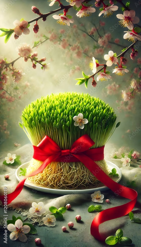 nowruz wheatgrass sabzeh sprouts red ribbon, haft sin nouruz norooz ...