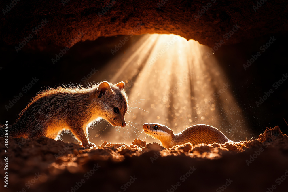 Dramatic Wildlife Encounter: Mongoose and Snake Face-Off in Illuminated ...