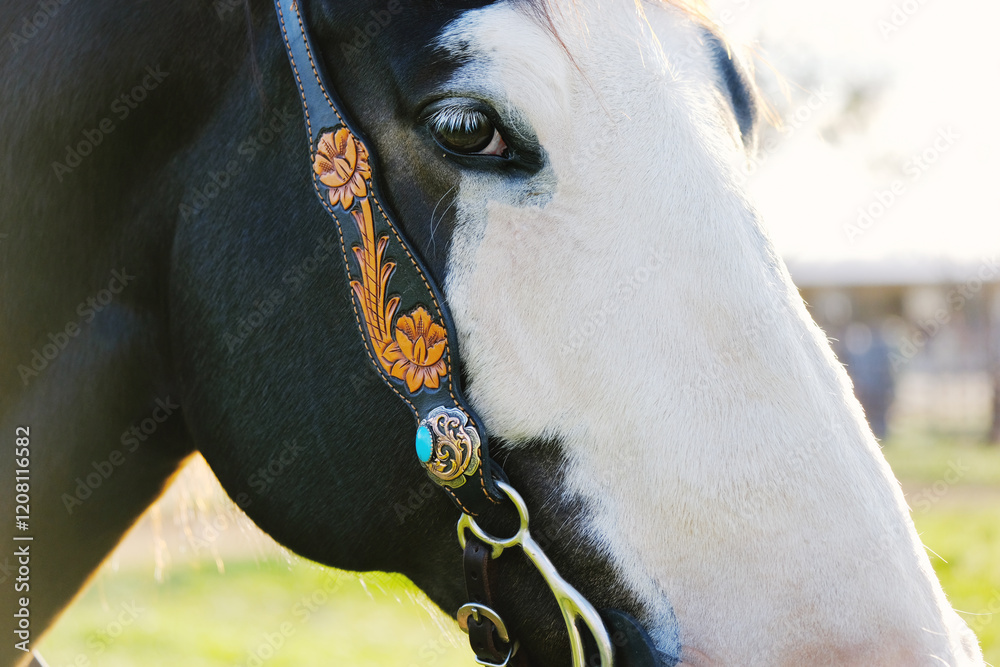 Bald face mare horse closeup showing eye and headstall with bit for ...