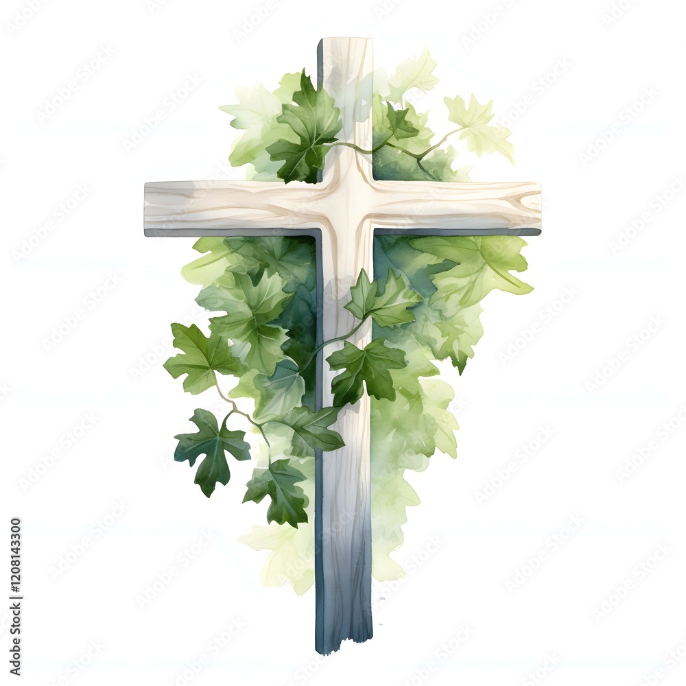 Cross With Leaves clipart. Digital watercolor clipart. Detailed ...
