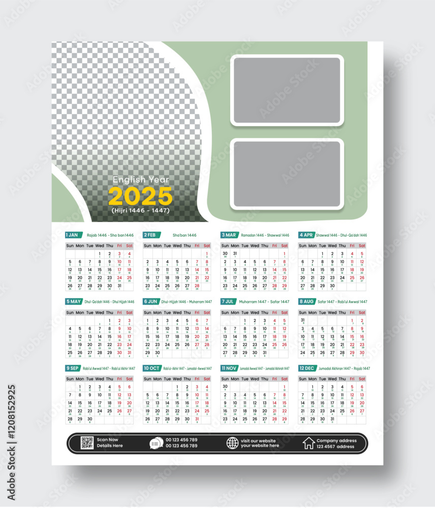 Vector de Stock 2025 One page Calendar or well calendar design 2025 ...