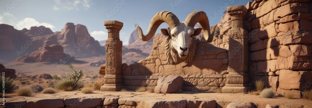 Ancient altar with ram's head, stone walls, desert landscape , temple ...