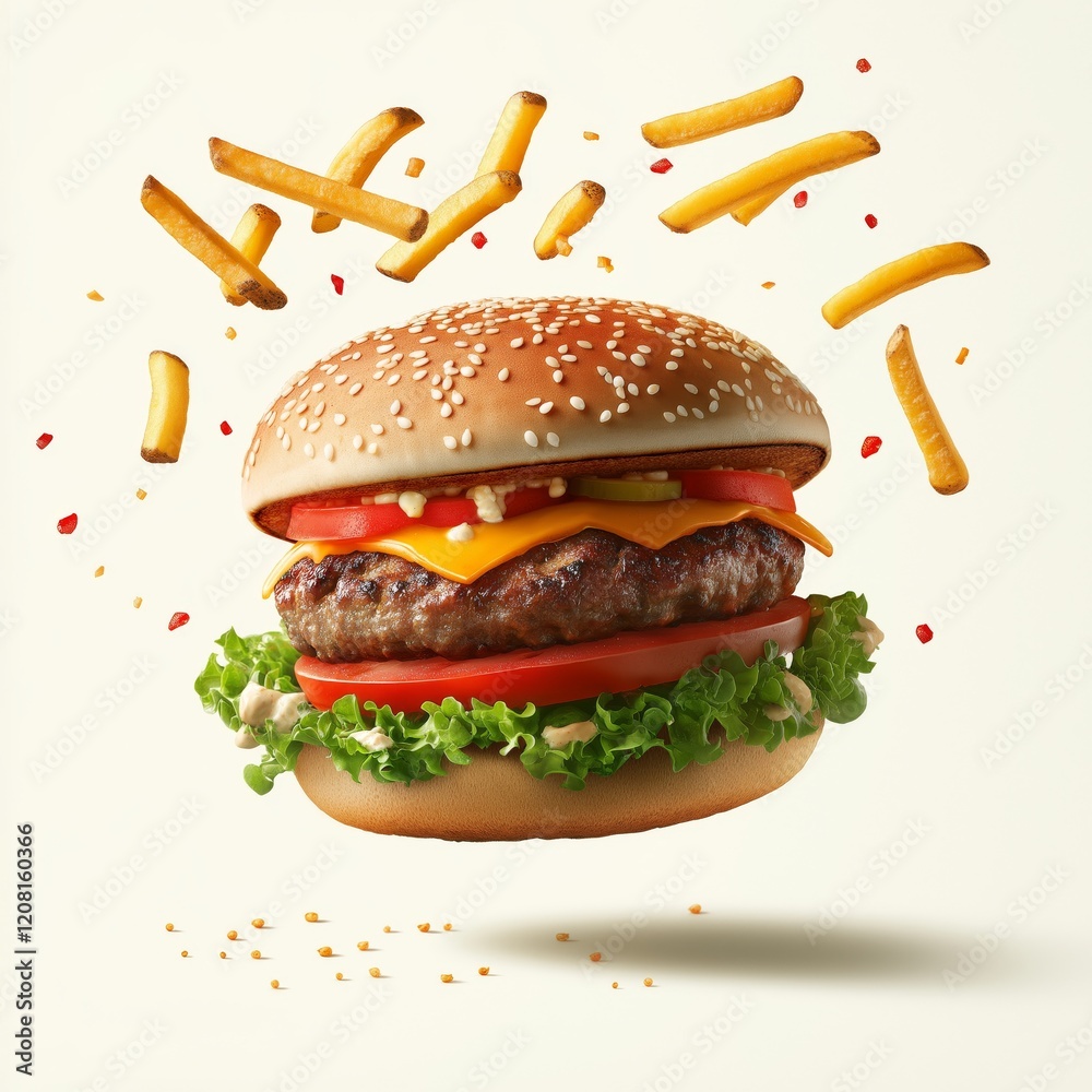 Floating hologram of a burger and fries in a clean studio background ...