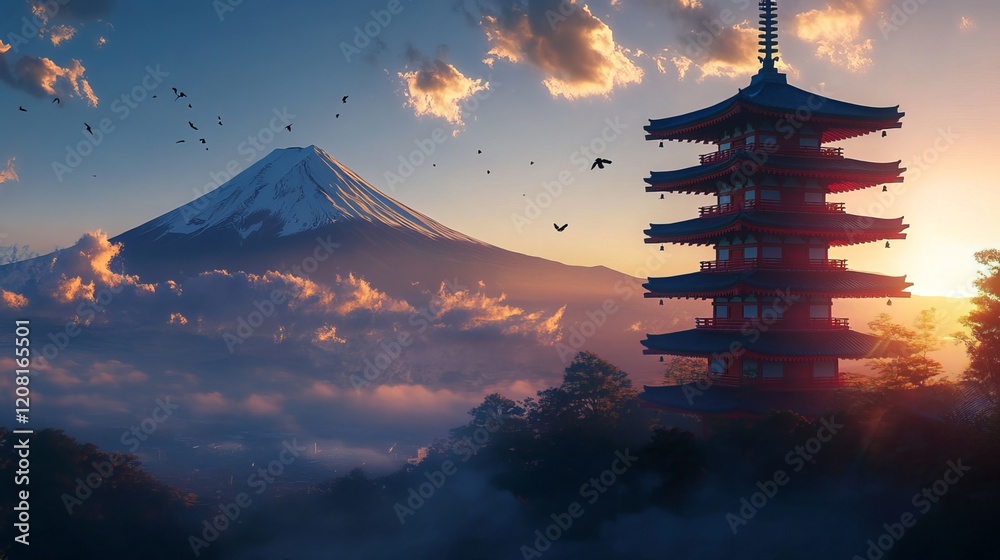 Mount Fuji's iconic cone frames the vibrant red Chureito Pagoda in this ...