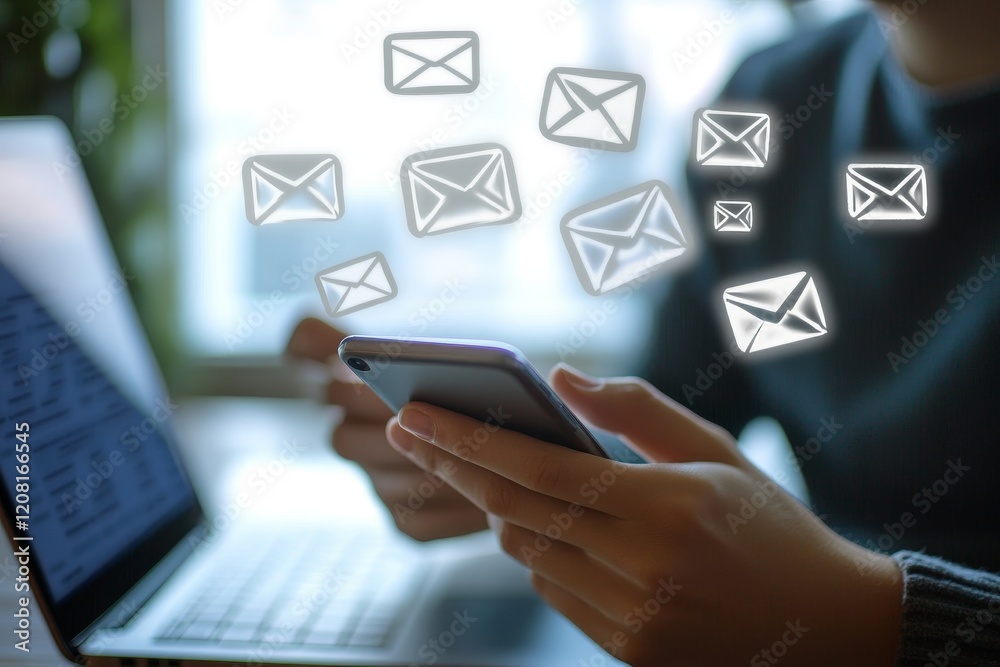 Modern communication a person engages with emails on their smartphone ...