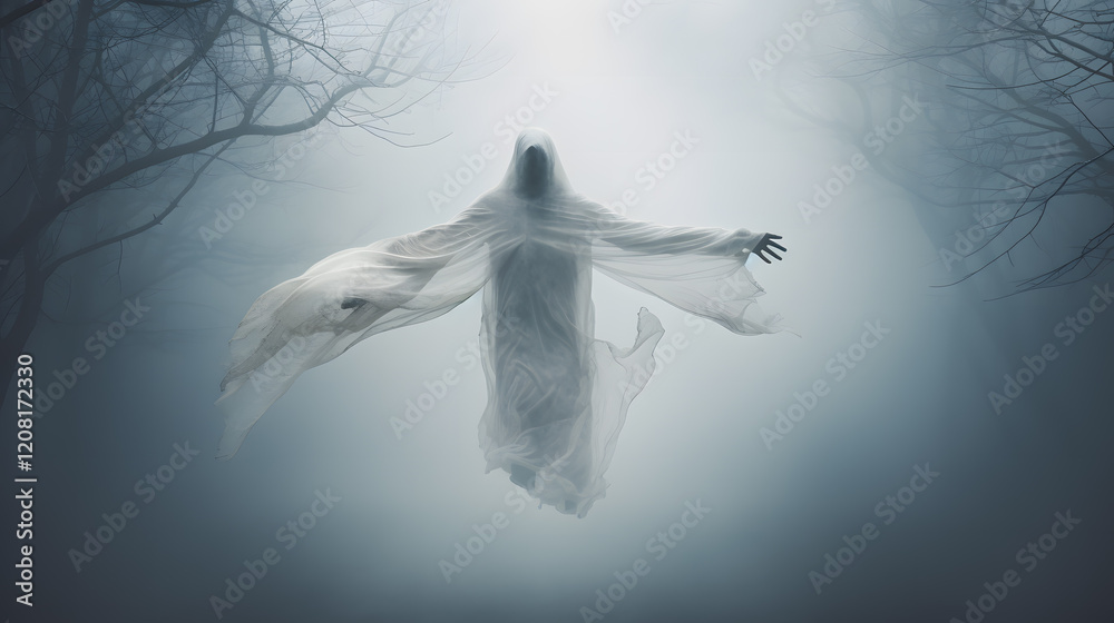 Ethereal ghostly figure amidst thick mist. Neural network AI generated ...