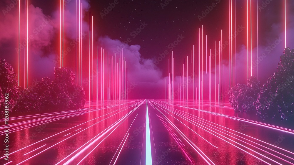 Retro Neon Highway: A vibrant, stylized digital art piece depicting a ...