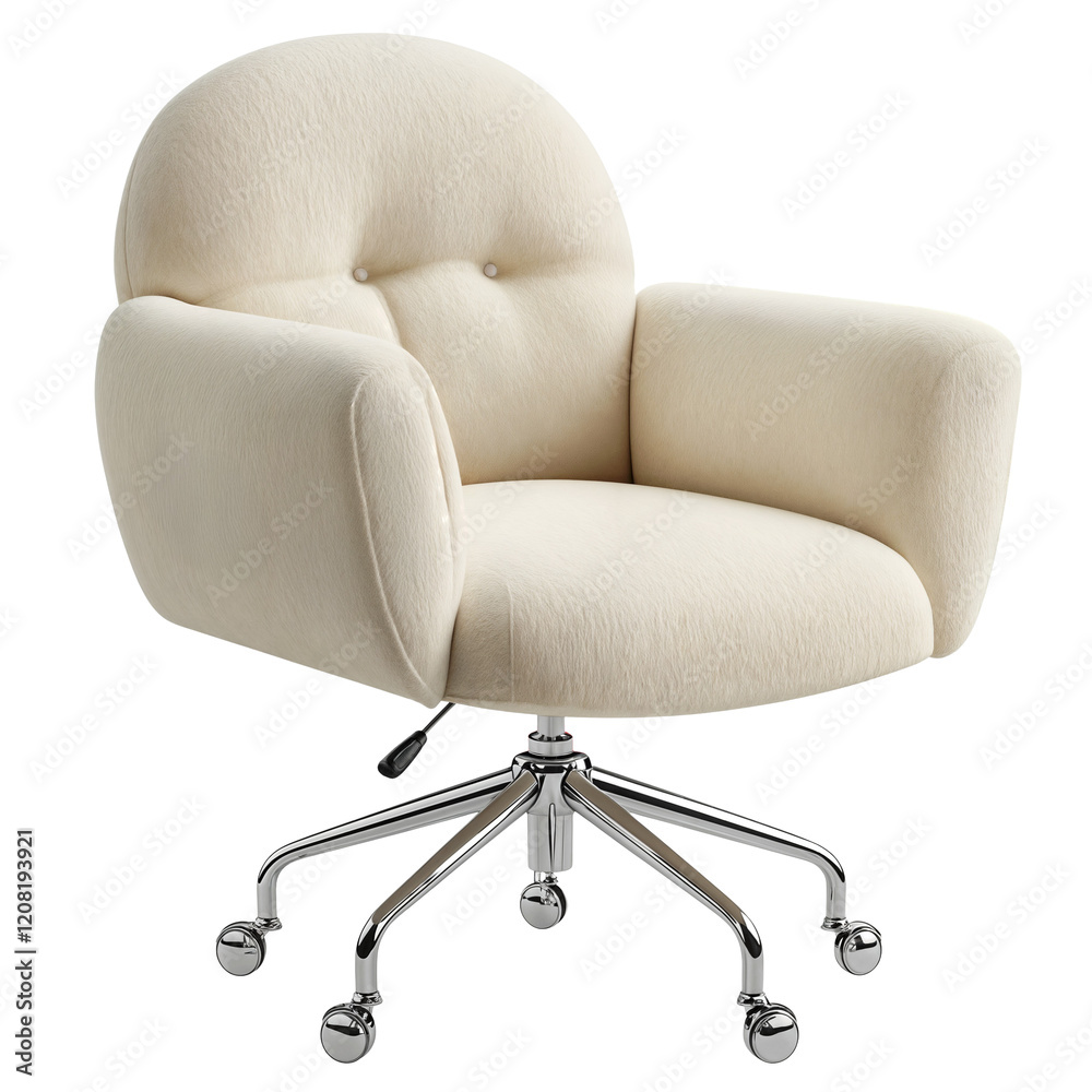 Ivory bouclé office chair with chrome legs and swivel casters, isolated ...