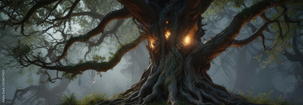 Ancient tree-like creature with glowing bark and vines, tree god ...