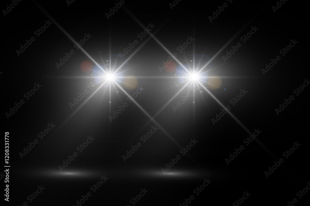 Realistic car headlights. Train front light beams, transparent bright ...