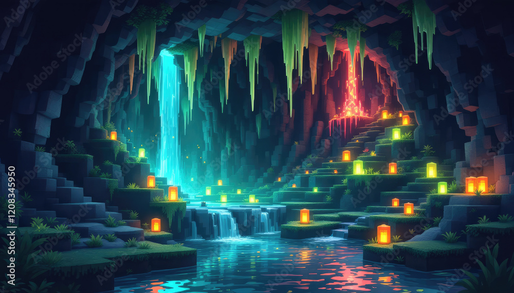 A digital illustration of a cave with a waterfall and glowing lanterns ...