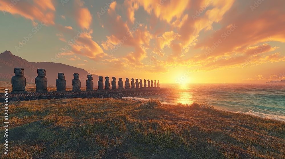 Sunset at ahu tongariki with 15 moai statues on easter island coastline ...
