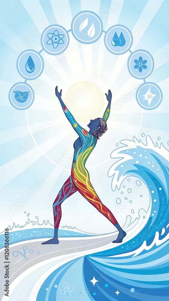 Energetic Figure Performing Dynamic Pose With Elemental Symbols ...