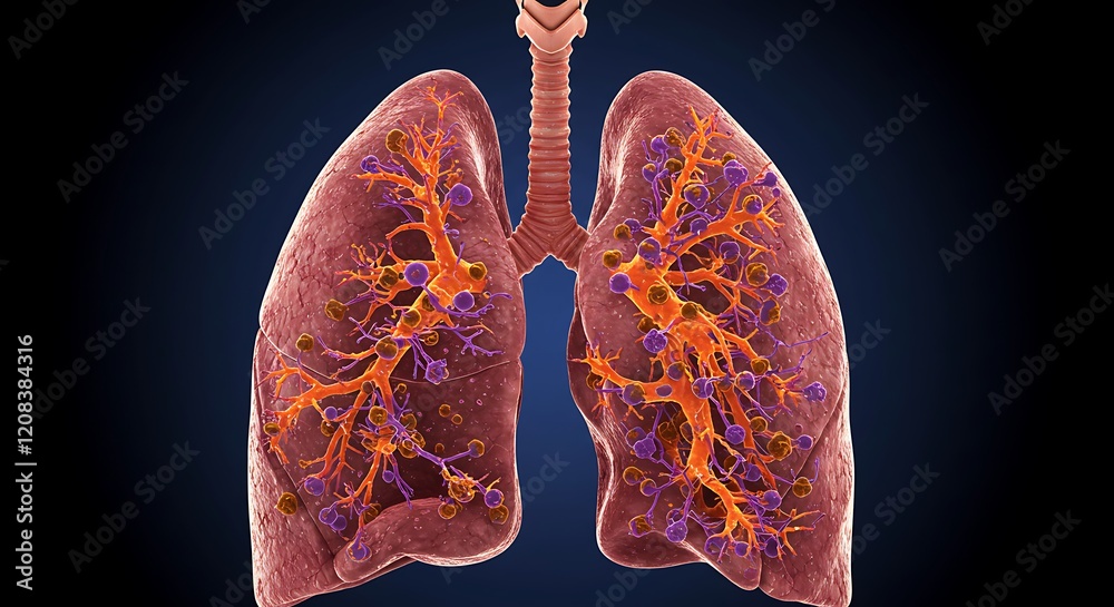 Detailed 3D medical model of lungs, showing bronchi, alveoli, and ...