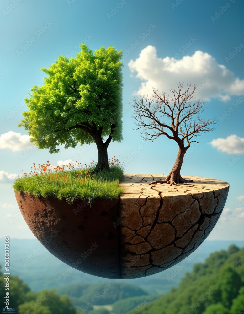 Floating sphere land shows contrast between rich green, dry barren ...