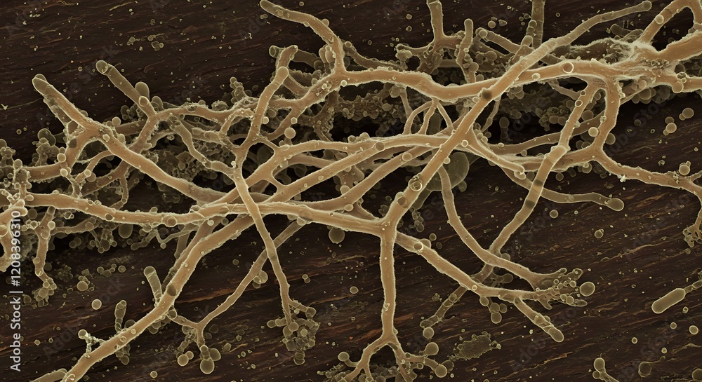 Microscopic fungi mycelium, hyphae, and spores. Biological mold ...