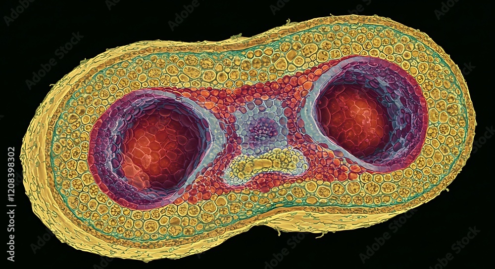 Microscopic plant stem cross section. Colorful cellular structure reveals xylem, phloem, and ...