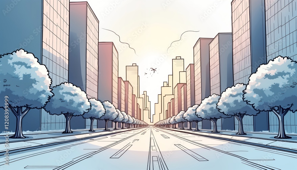 Urban avenue perspective illustration shows modern buildings lining ...