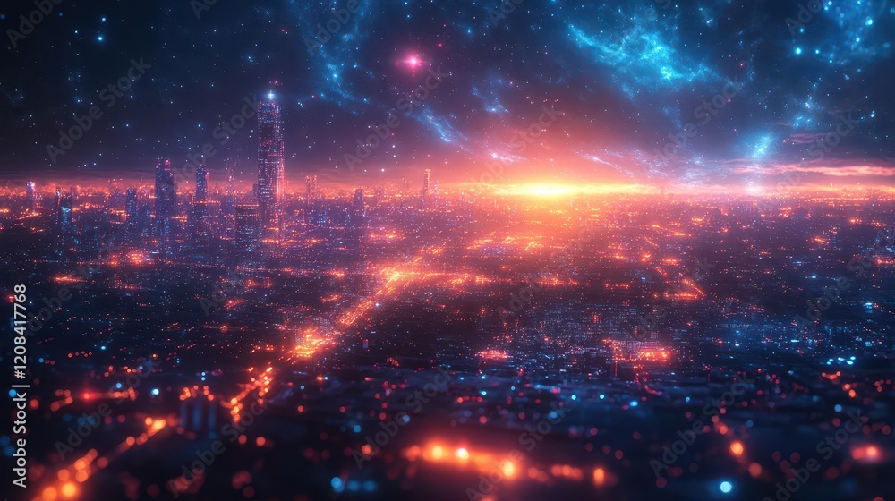 ethereal cyberpunk cityscape at twilight with holographic neural network overlays floating data ...