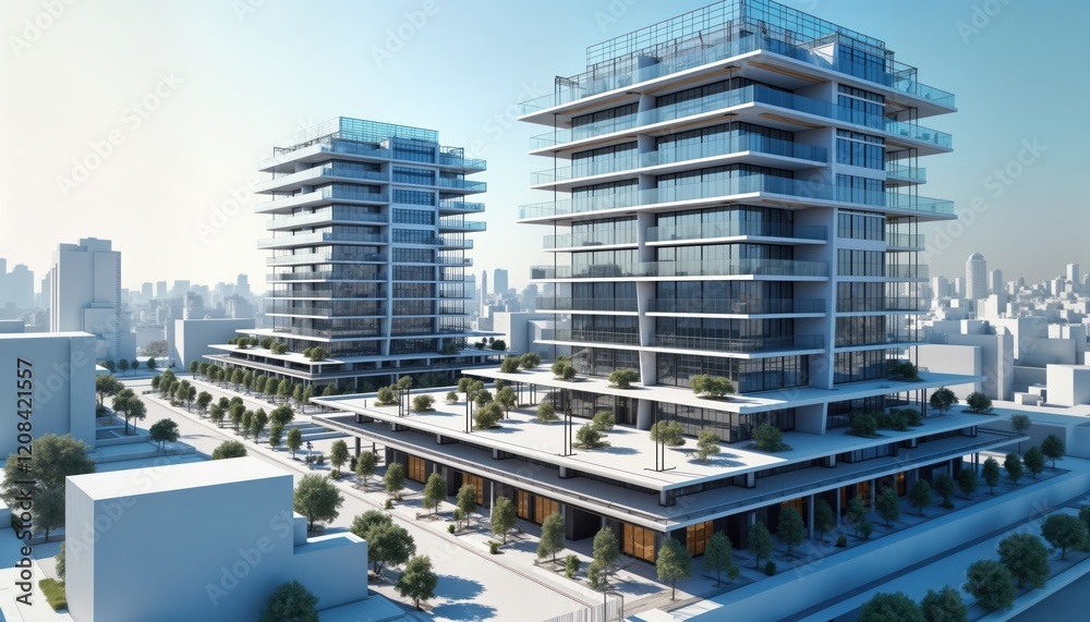 Modern urban design. Two high-rise buildings with glass facades ...