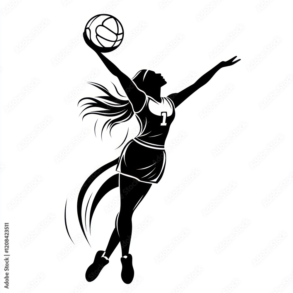 Silhouette woman athlete netball jump shot stadium background sports ...