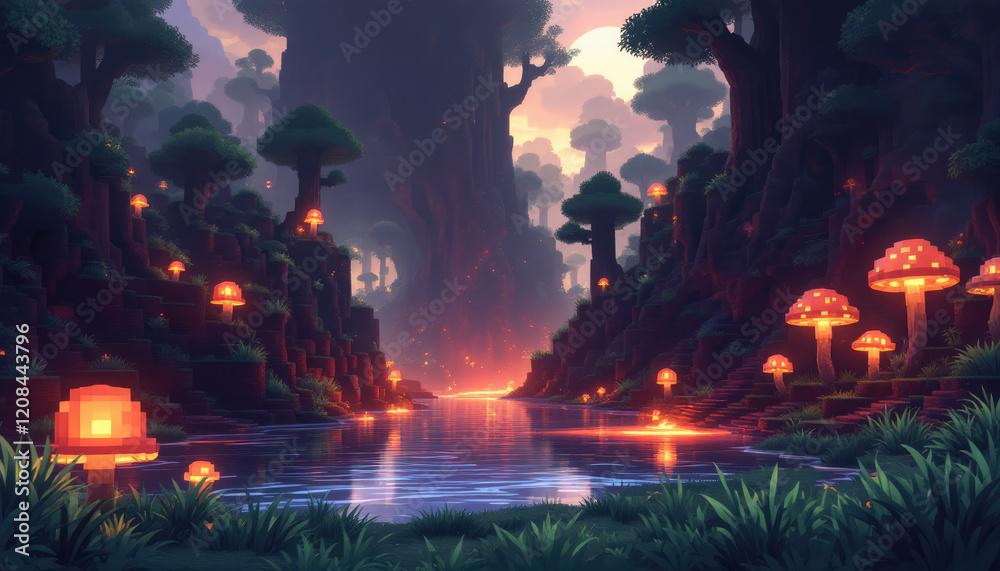 Pixel art landscape of calm river with a huge tree surrounded by small ...